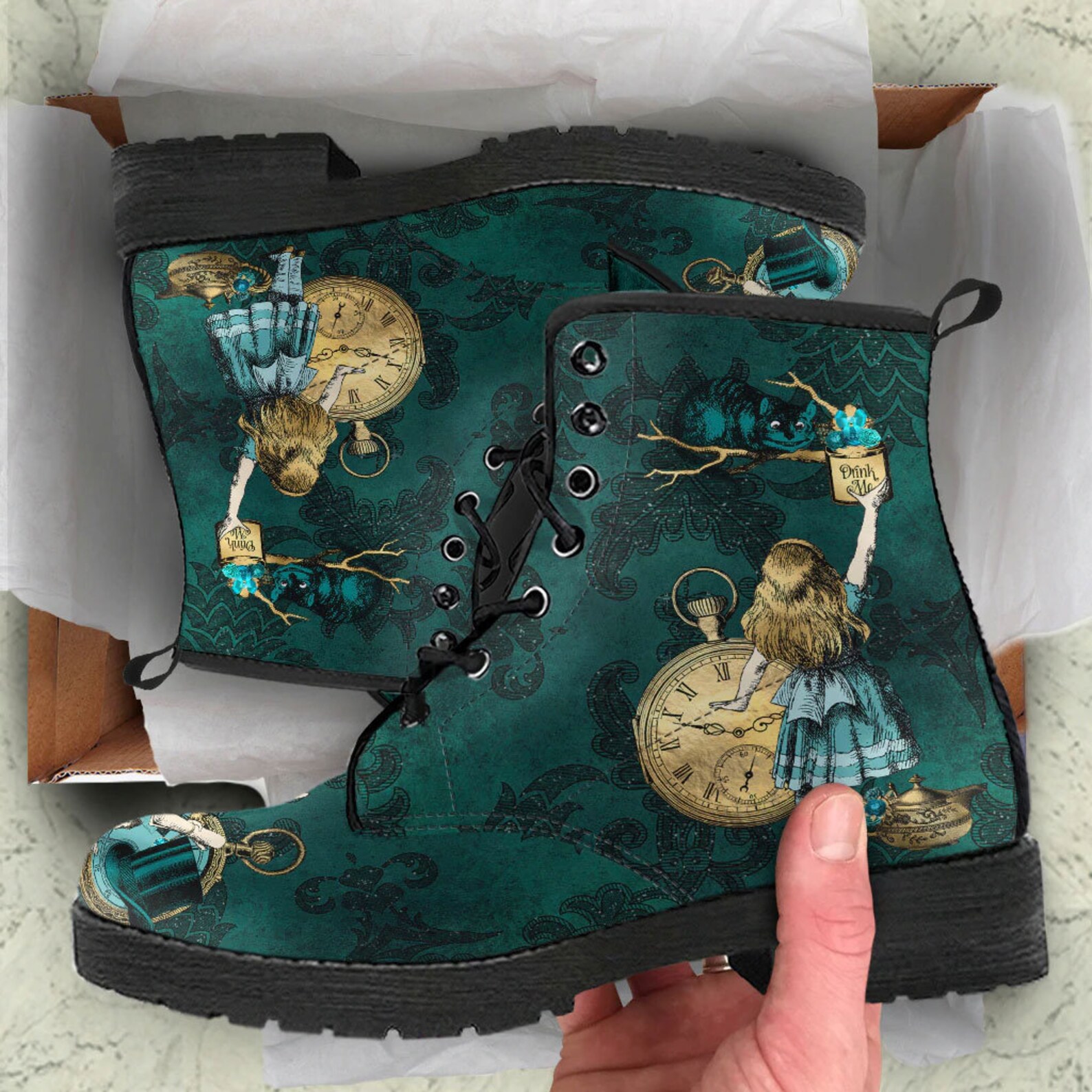 Alice in Wonderland Dark Green and Gold Lace up Combat Boots (JPDGA1 ...