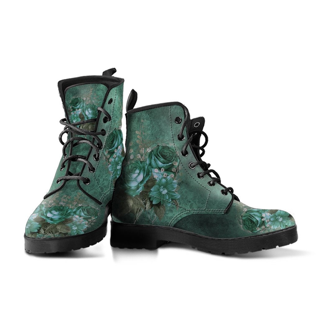 Green Gothic Floral Vegan Leather Combat Boots Dark - Etsy