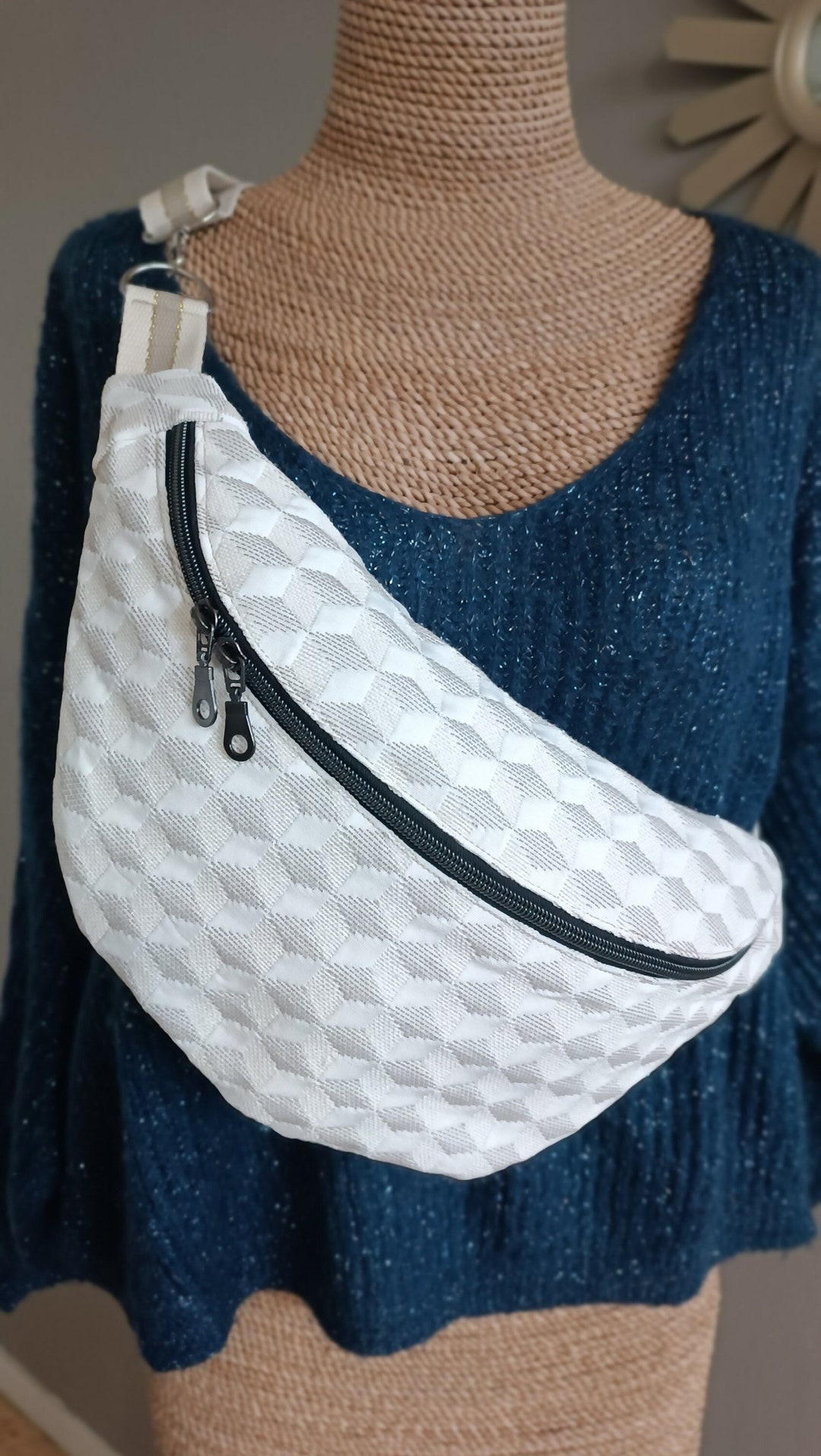 Ecru Jacquard Fanny Pack, Perspective Cube Patterns. Handmade Creation ...