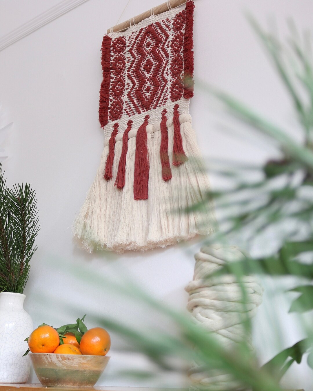 Red and White Diamond Twill Pattern Hand Woven Wall Hanging, Geometric ...