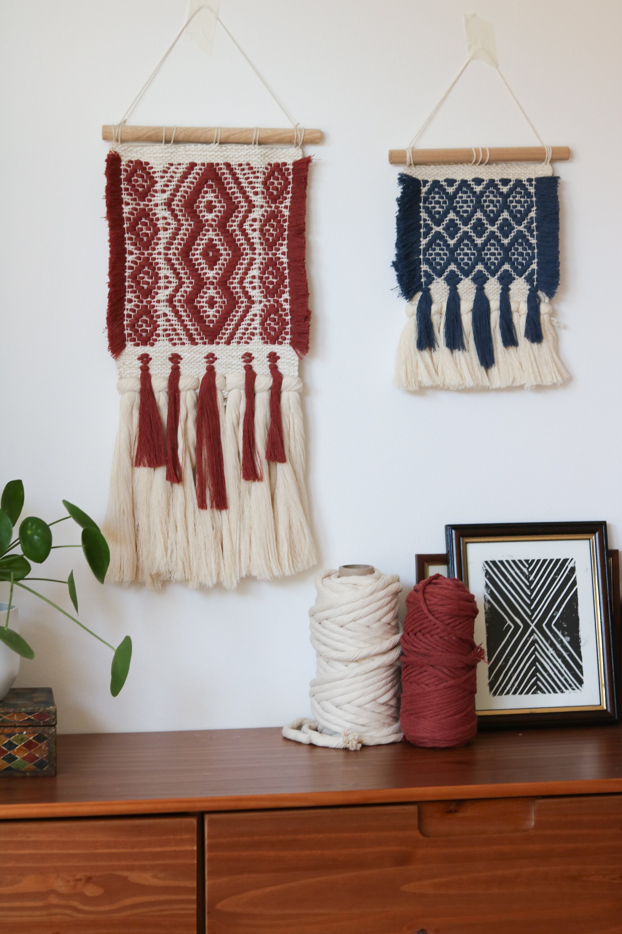 Red and White Diamond Twill Pattern Hand Woven Wall Hanging - Etsy