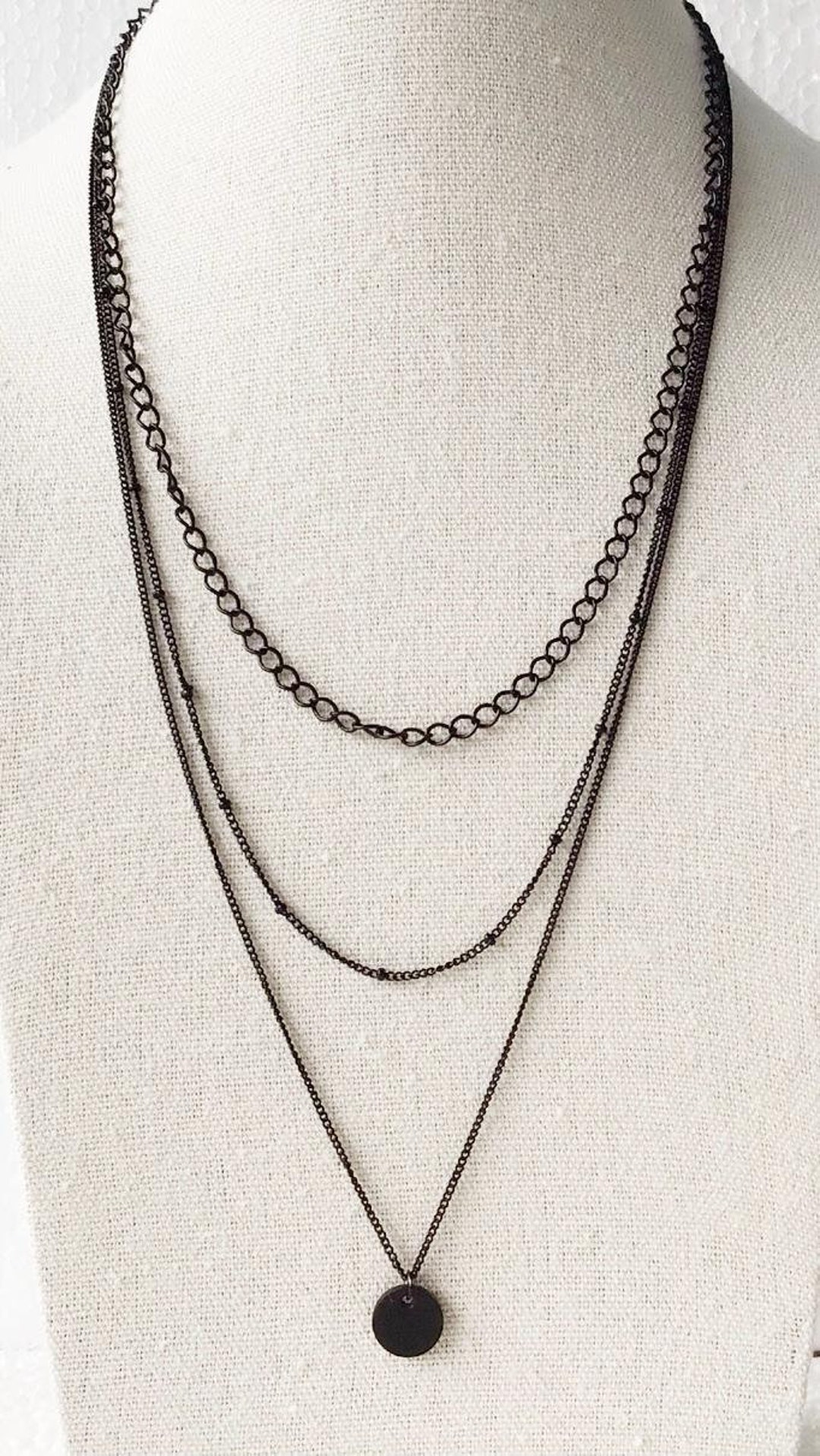Triple Strand Black Chain Necklace With Black Disc, Stacked Necklace ...
