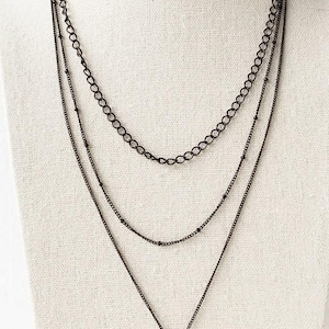 Triple Strand Black Chain Necklace With Black Disc, Stacked Necklace ...