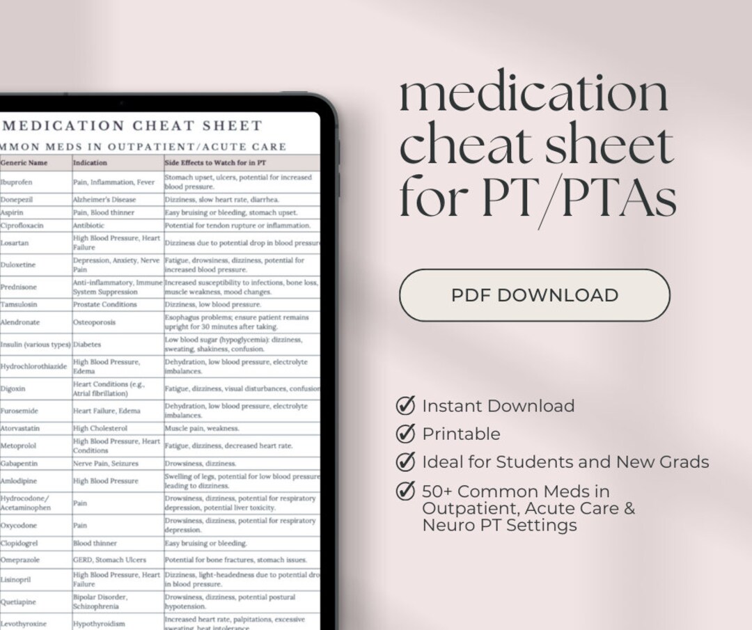 PT/PTA Medication Guide PDF Essential Cheat Sheet for - Etsy