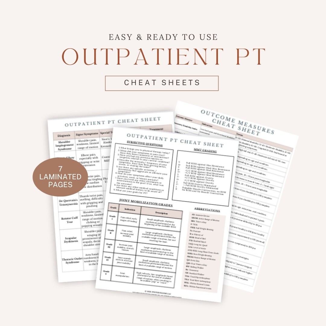 Outpatient PT Cheat Sheets 7 Sheets for PT Students Diagnoses, Special ...