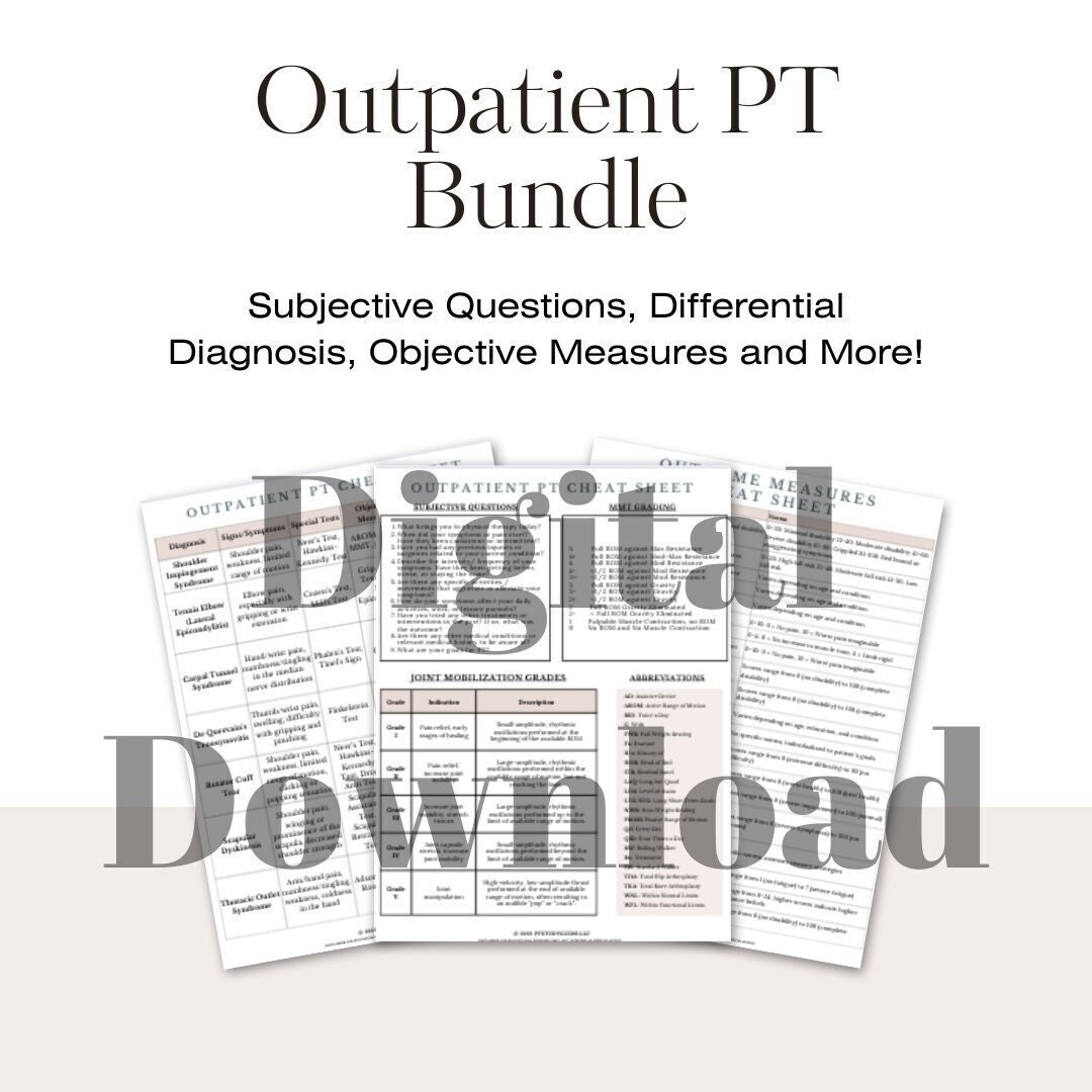 Digital Outpatient PT Cheat Sheets Bundle for PT Students - 7 Pages ...