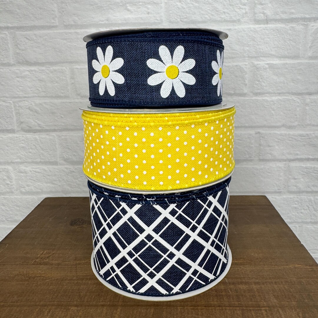 Daisies Floral Ribbon Roll or Bundle, Navy Blue and Yellow Spring and ...
