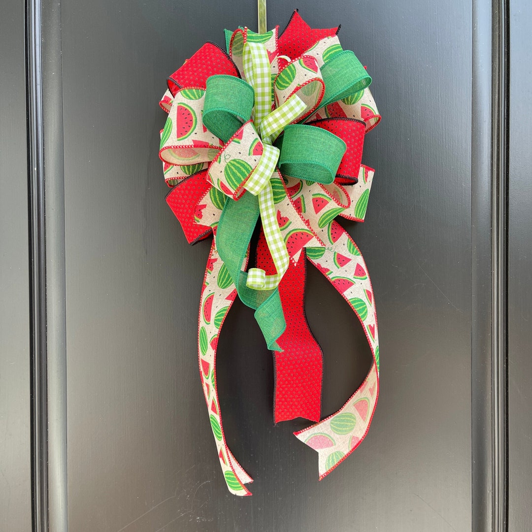 Watermelon Wreath Bow, Red Green and Tan Lantern Bow, Indoor or Outdoor ...