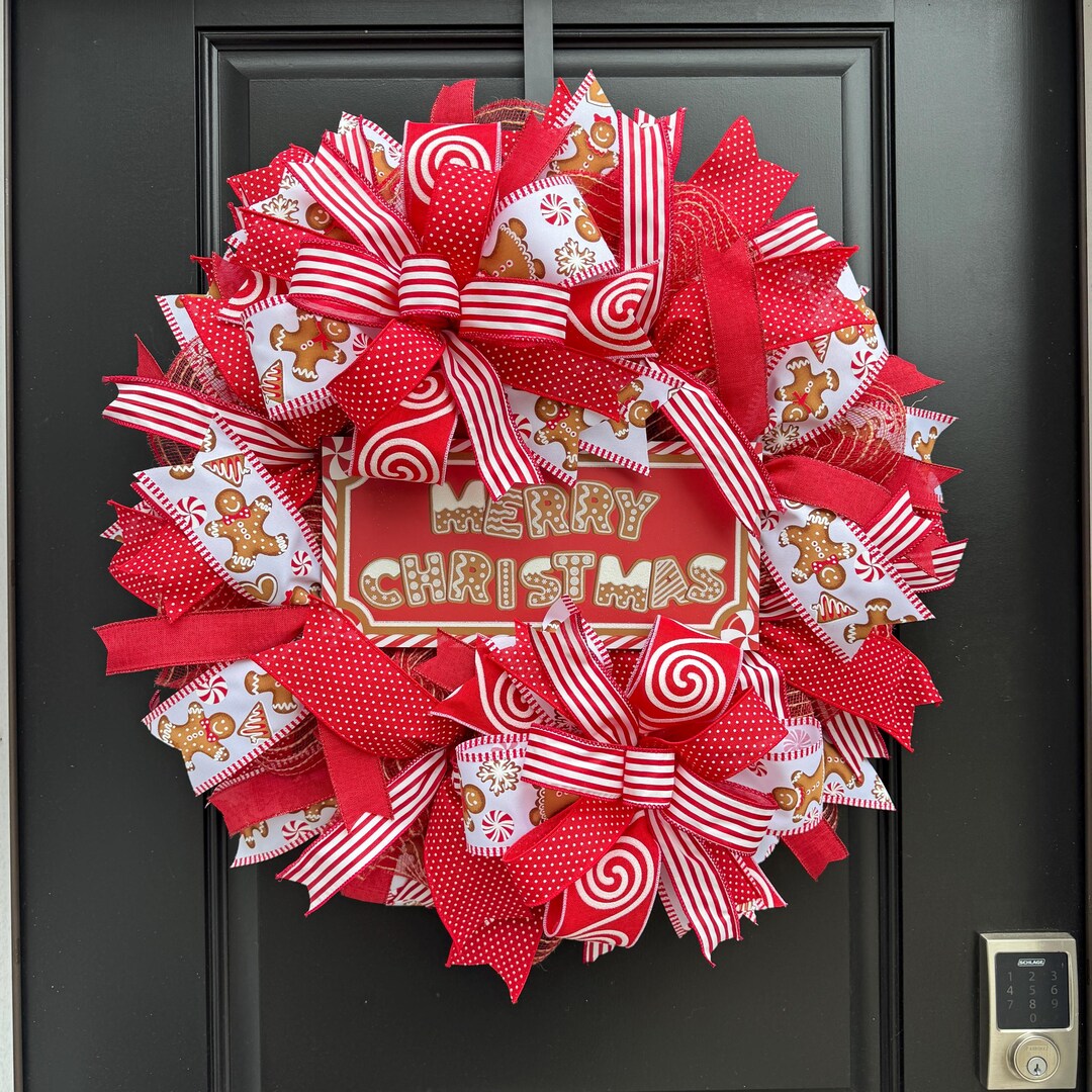 Gingerbread Merry Christmas Mesh Wreath, Red and White Candy Holiday ...