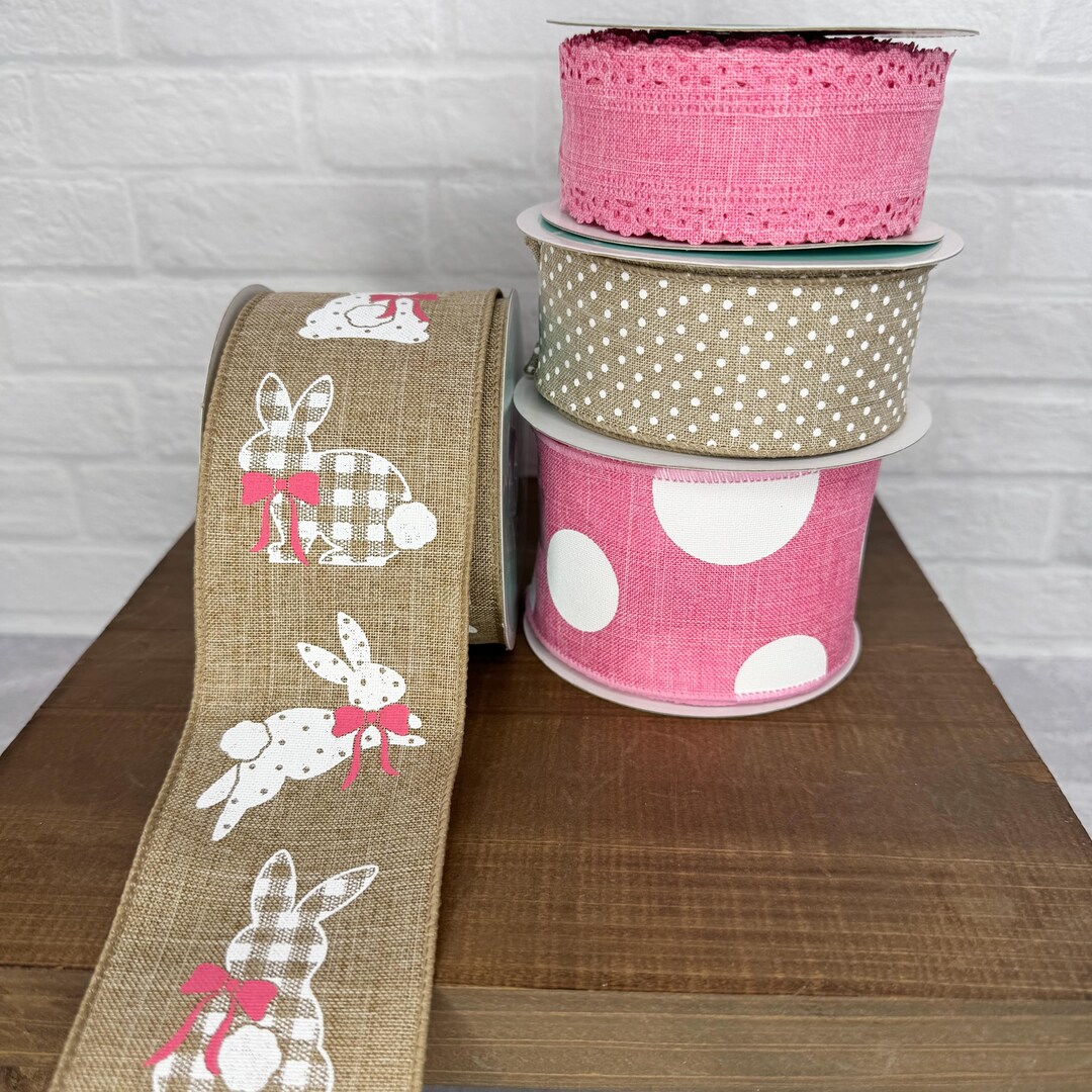 Tan and Pink Easter Bunny Ribbon Roll or Bundle, Rabbit and Polka Dots ...