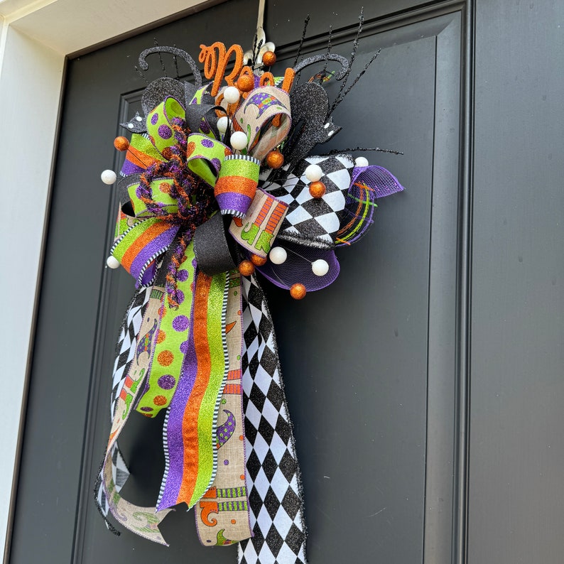Large Witch Themed Halloween Bow With Mesh, Halloween Door or Mailbox ...