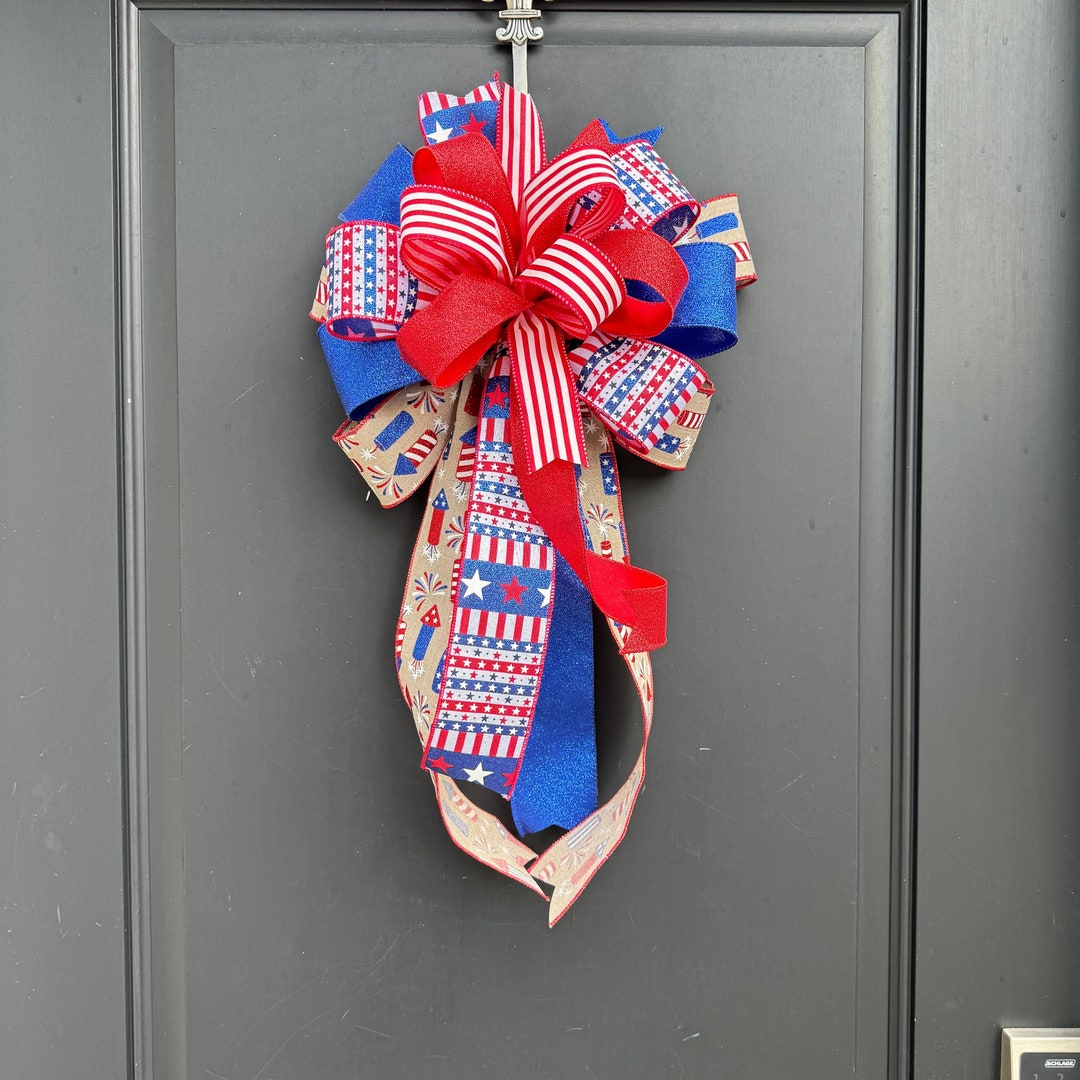 Patriotic Firecracker and Fireworks Bow for Wreath or Mailbox, Sparkly ...