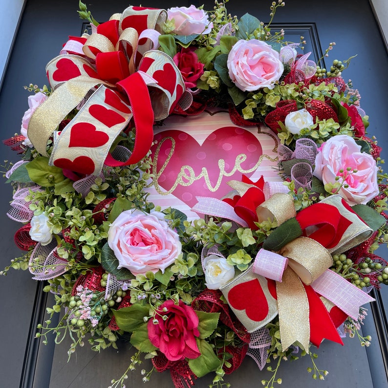 Large Floral Valentine's Day Wreath With Red, Pink Roses & 'love' Sign ...