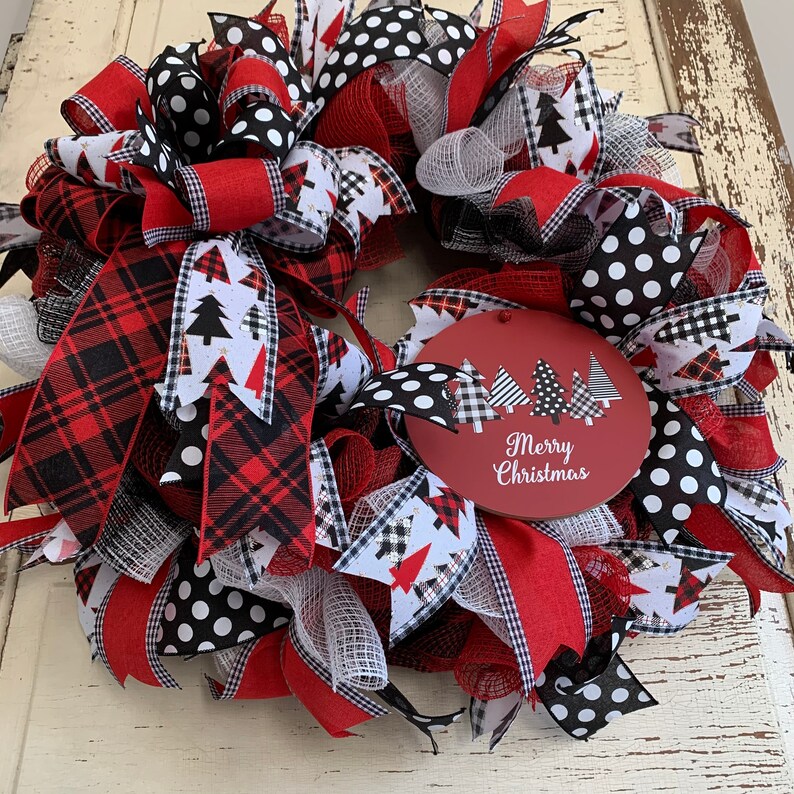 Buffalo Plaid Deco Mesh Wreath Red White And Black Merry Etsy