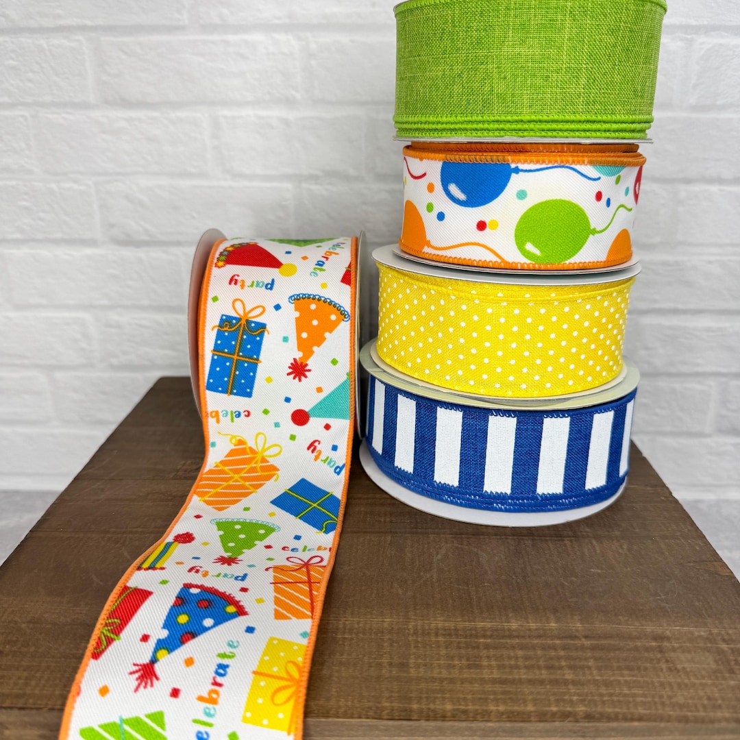 Birthday Wired Ribbon Roll: Celebration Balloons, Party Hats - 10 Yard ...