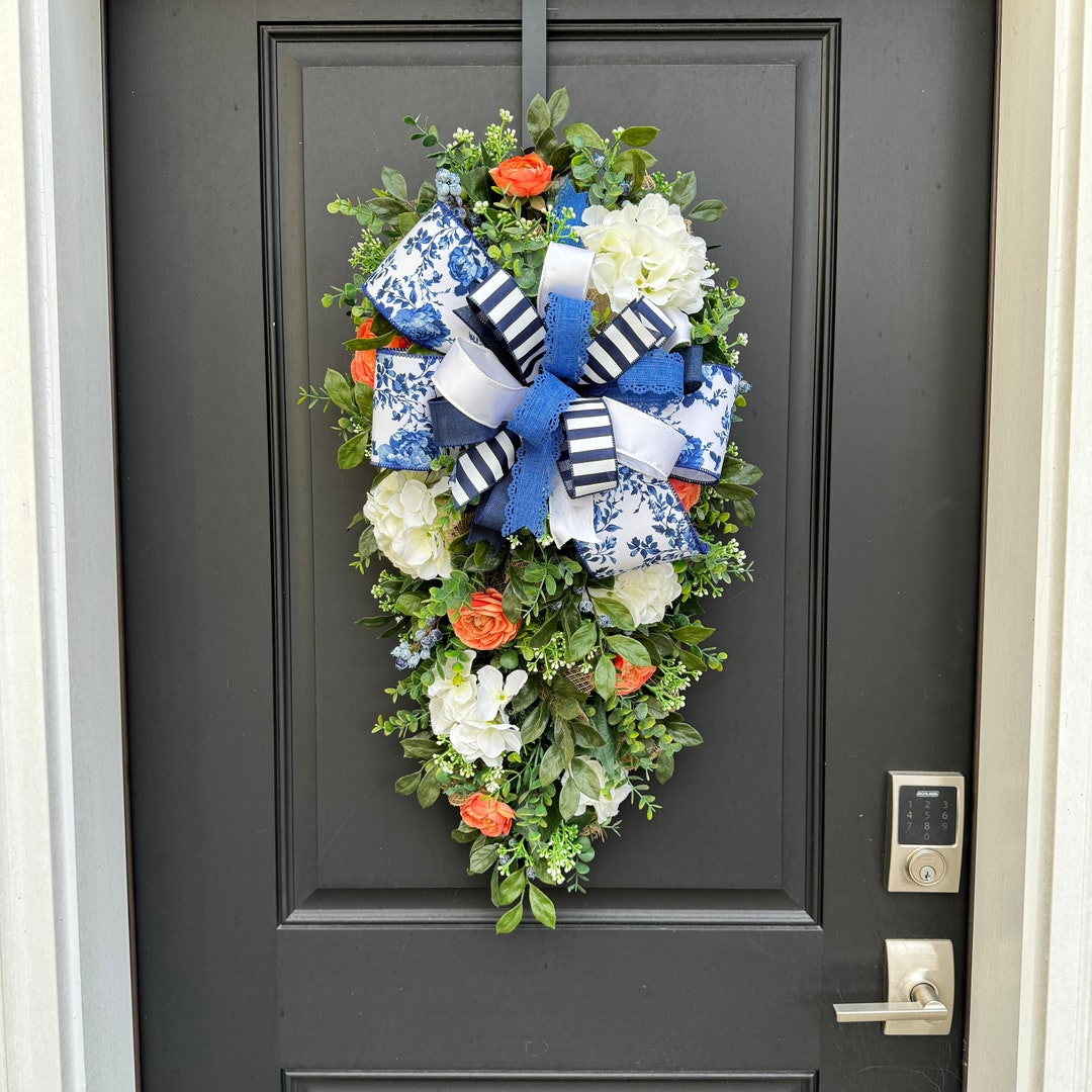 Hydrangea Floral Wreath Swag: Blue, Orange, and Blueberry Spring Decor ...