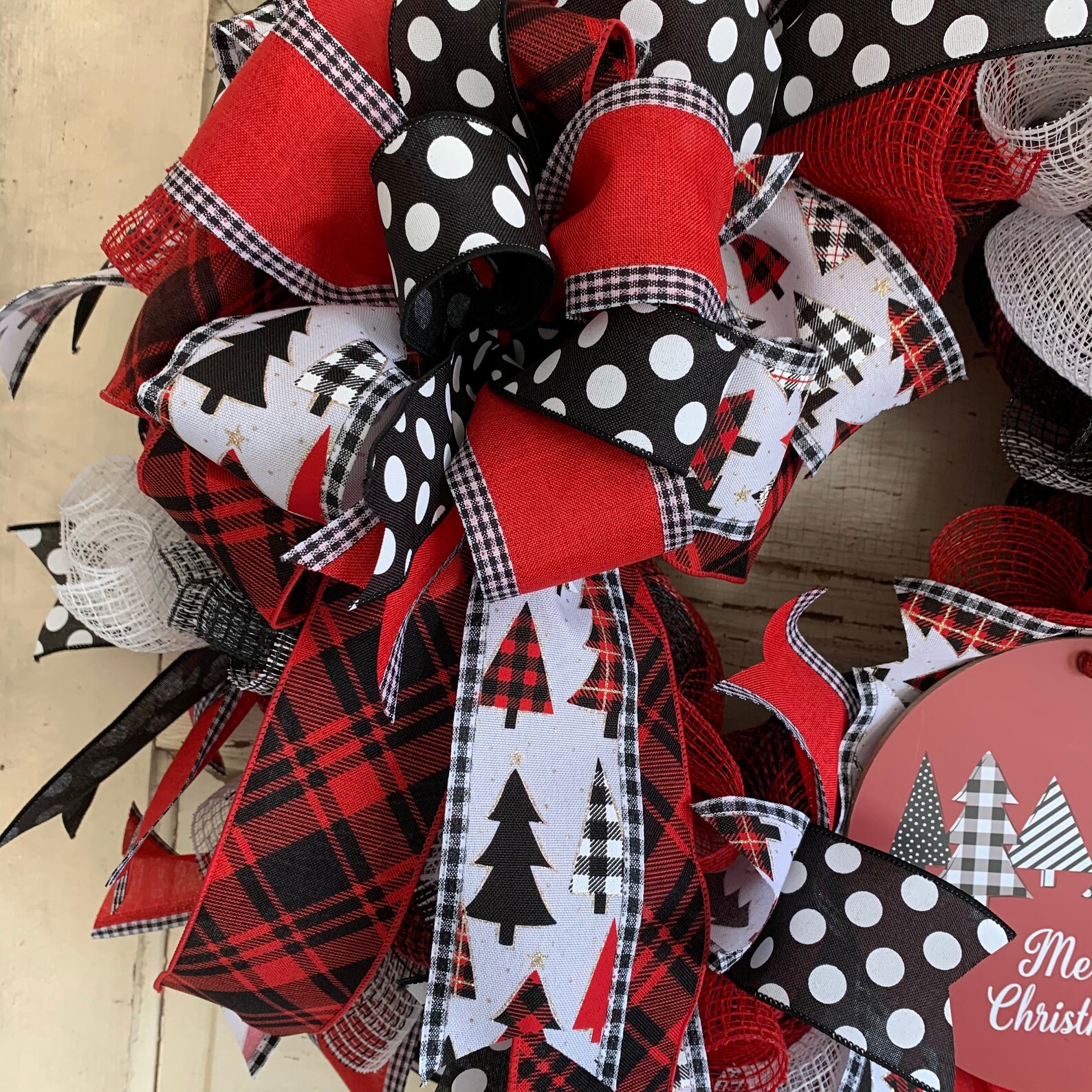 Buffalo Plaid Deco Mesh Wreath Red White And Black Merry Etsy