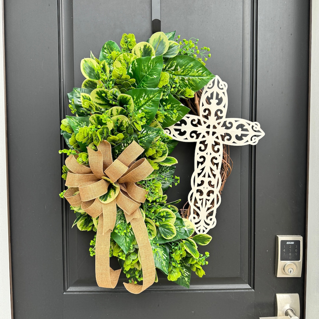 Everyday Cross and Greenery Wreath for Front Door, Large Year Round ...