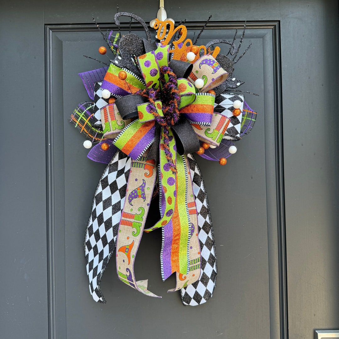 Large Witch Themed Halloween Bow With Mesh, Halloween Door or Mailbox ...