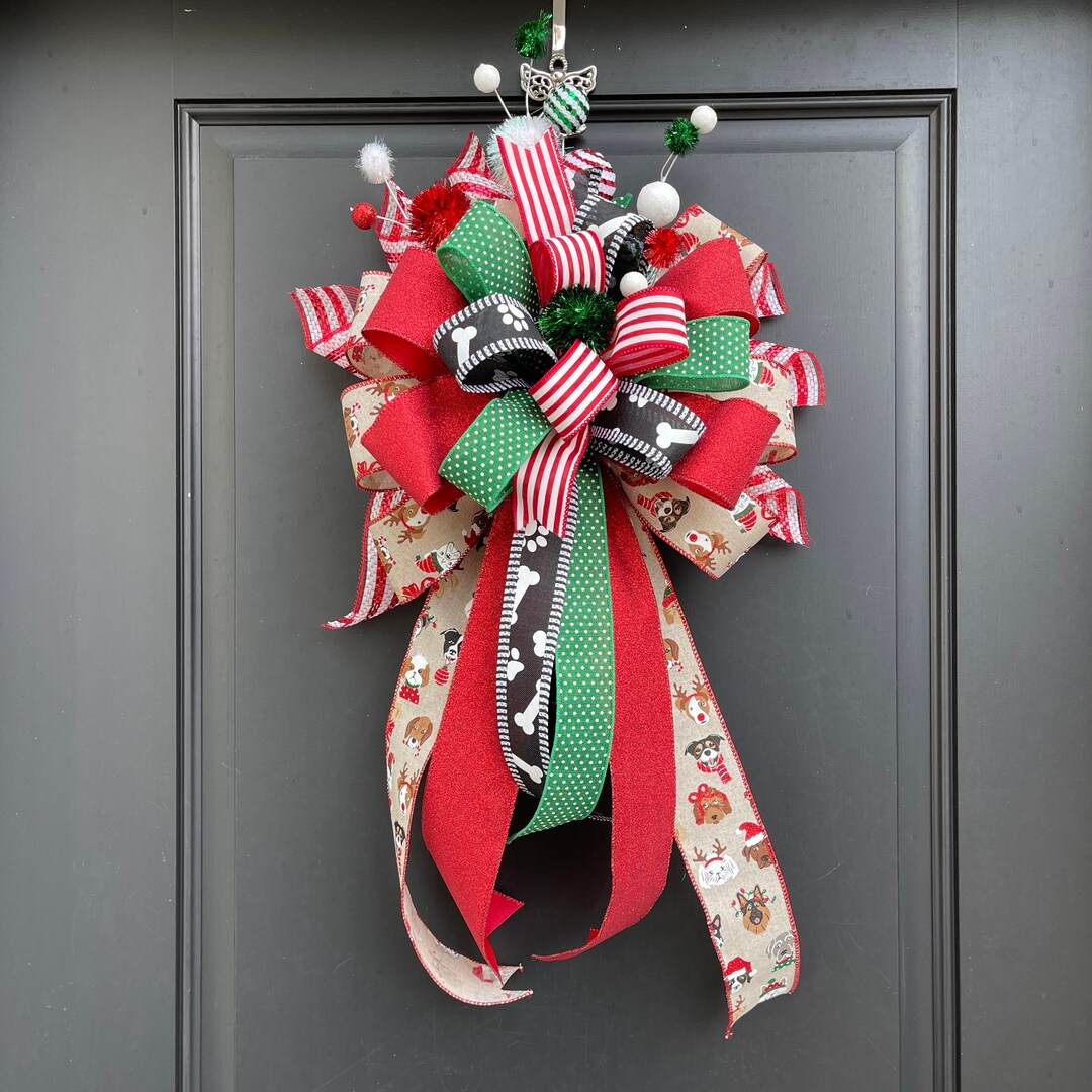 Deluxe Christmas Dogs Wreath Bow With Mesh, Dog Lovers Tree Topper Bow ...