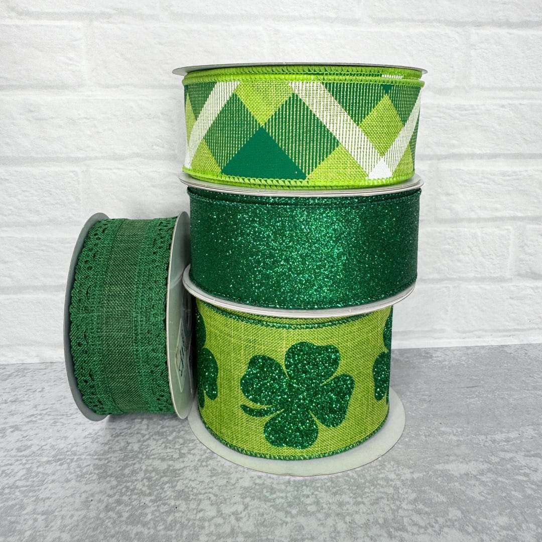 St Patricks Day Ribbon Roll or Bundle, Emerald and Lime Green Shamrock ...
