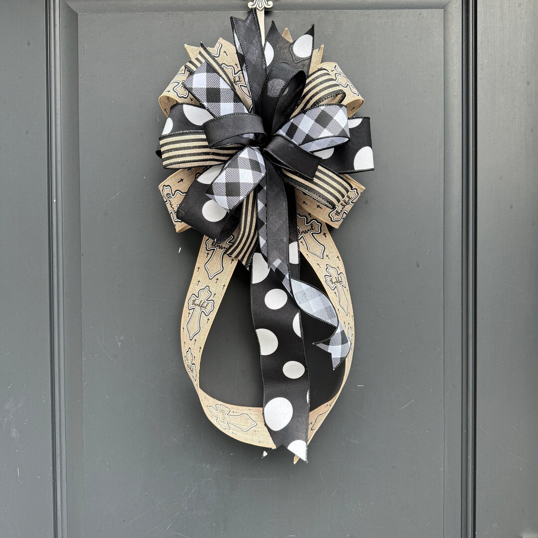 Thankful Grateful Blessed Wreath Bow, Religious Cross Buffalo Check ...