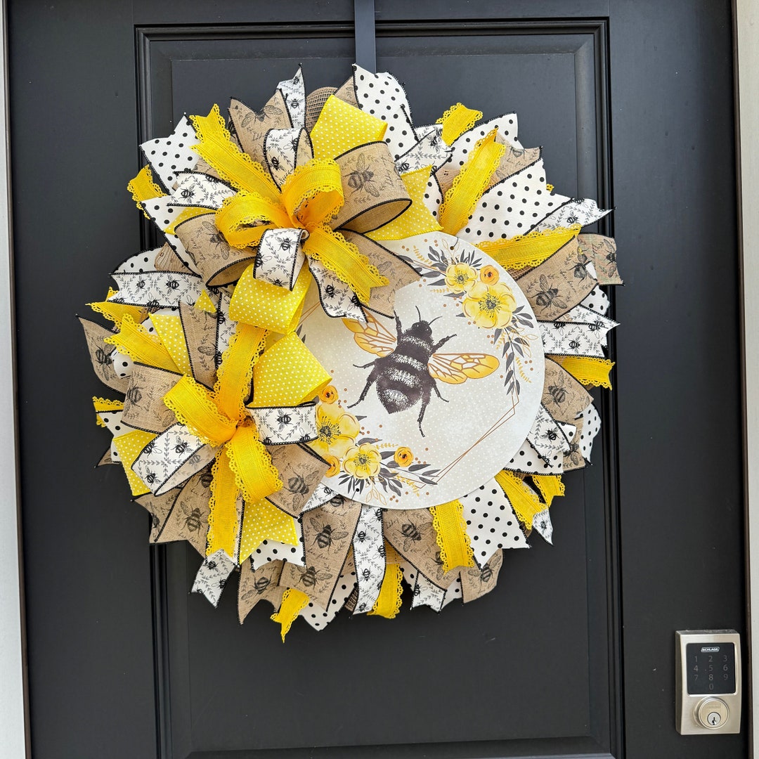 Bee Wreath for Front Door, Black Yellow and Tan Bees Wreath, Spring and ...
