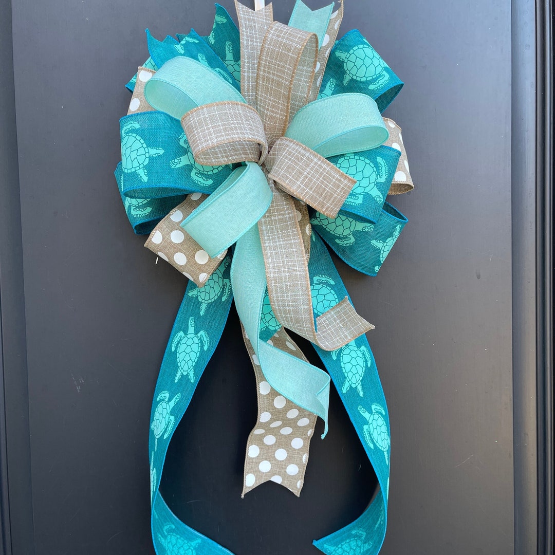 Turquoise Sea Turtle Bow for Wreath or Mailbox, Aqua and Tan Beach Bow ...