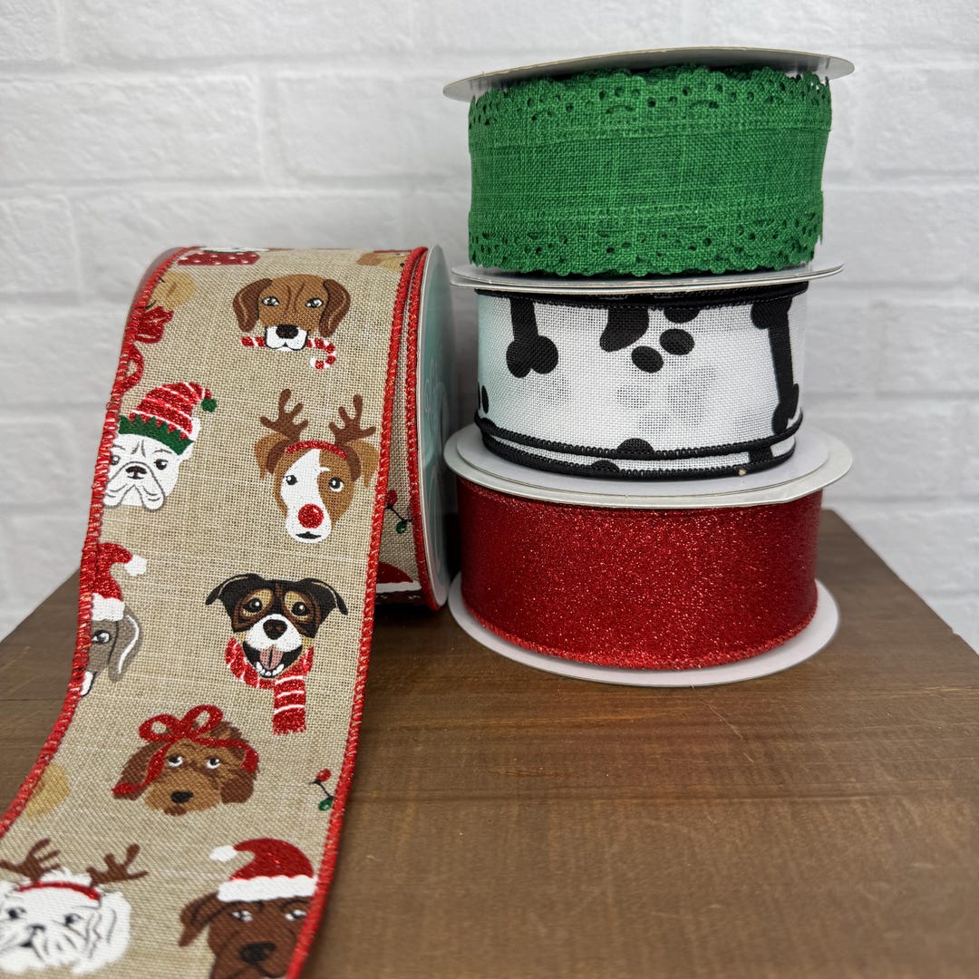 Christmas Dogs Ribbon Roll or Bundle, Wired Edge for Wreaths or Bows - Etsy