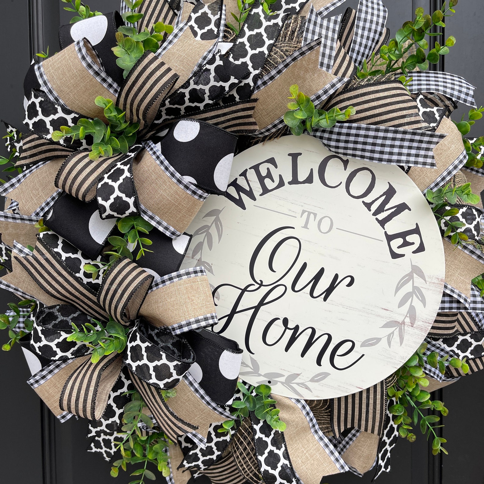Welcome to Our Home Wreath, Black Tan and White Front Door Decor - Etsy