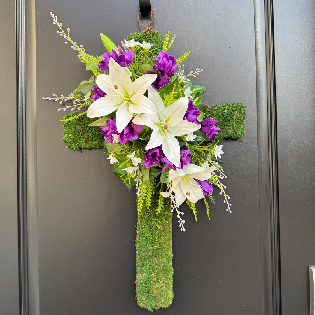 Moss Cross With White Lilies, Lily and Purple Iris Wreath for Front ...