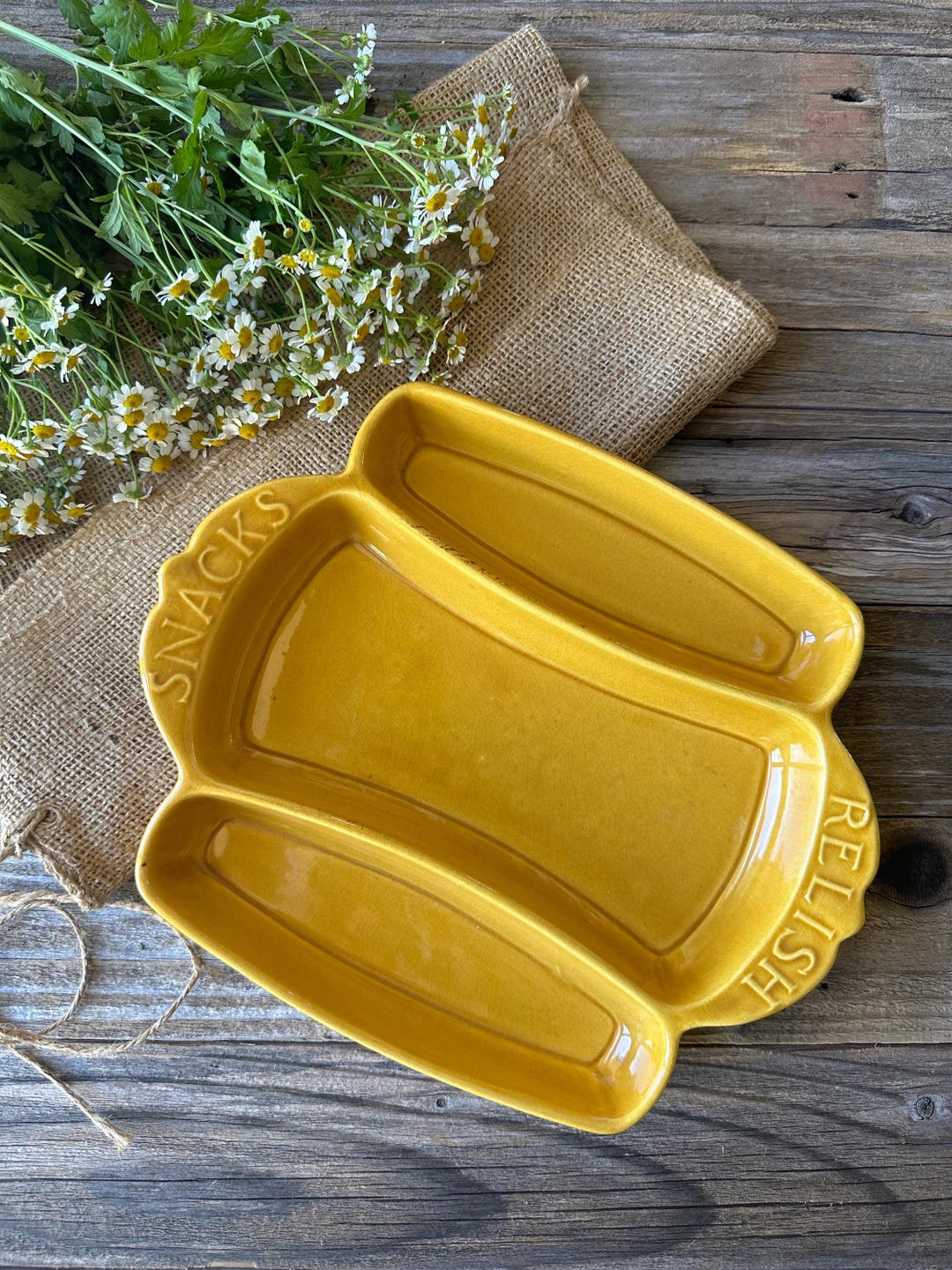 Vintage USA Pottery Harvest Gold Relish Pickle Snack Party Tray Divided ...