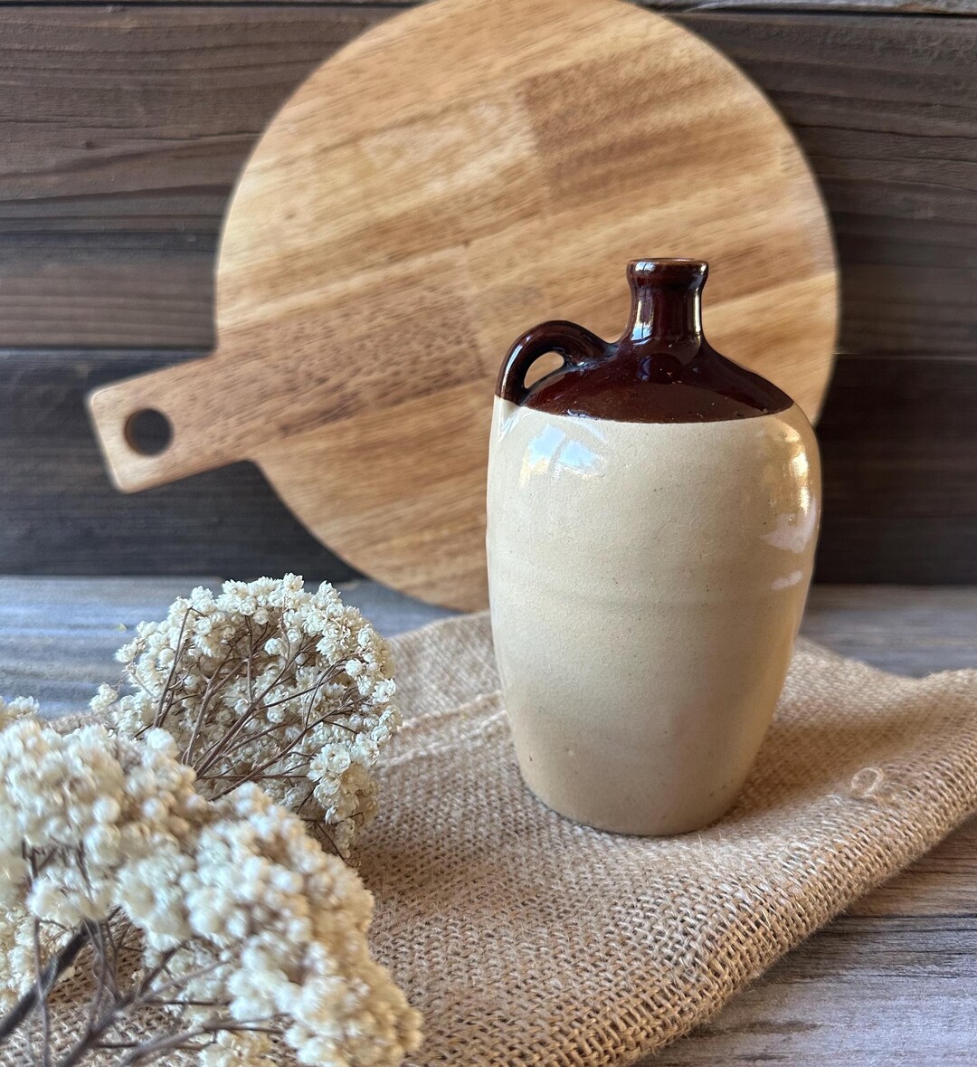 Vintage Stoneware 5.5”x3.5” Jug Beige Brown Two Tone Pottery ...