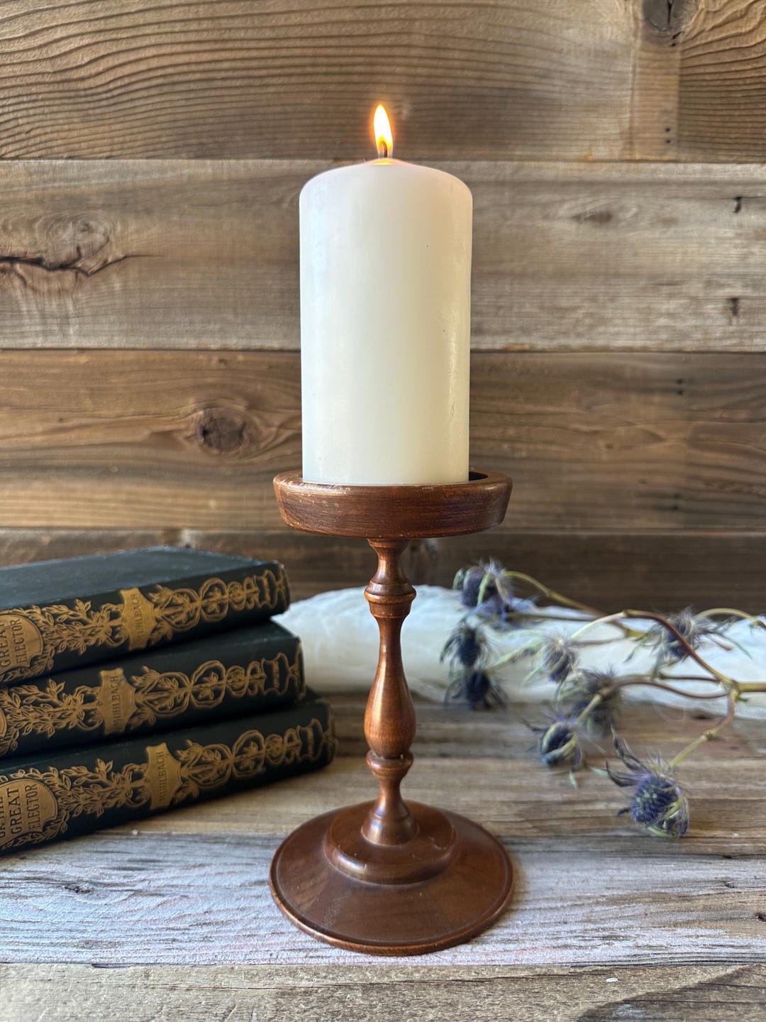 Vintage Wood Pillar Candlestick Brown Candle Holder | Farmhouse Wood Candlestick | Moody Home ...