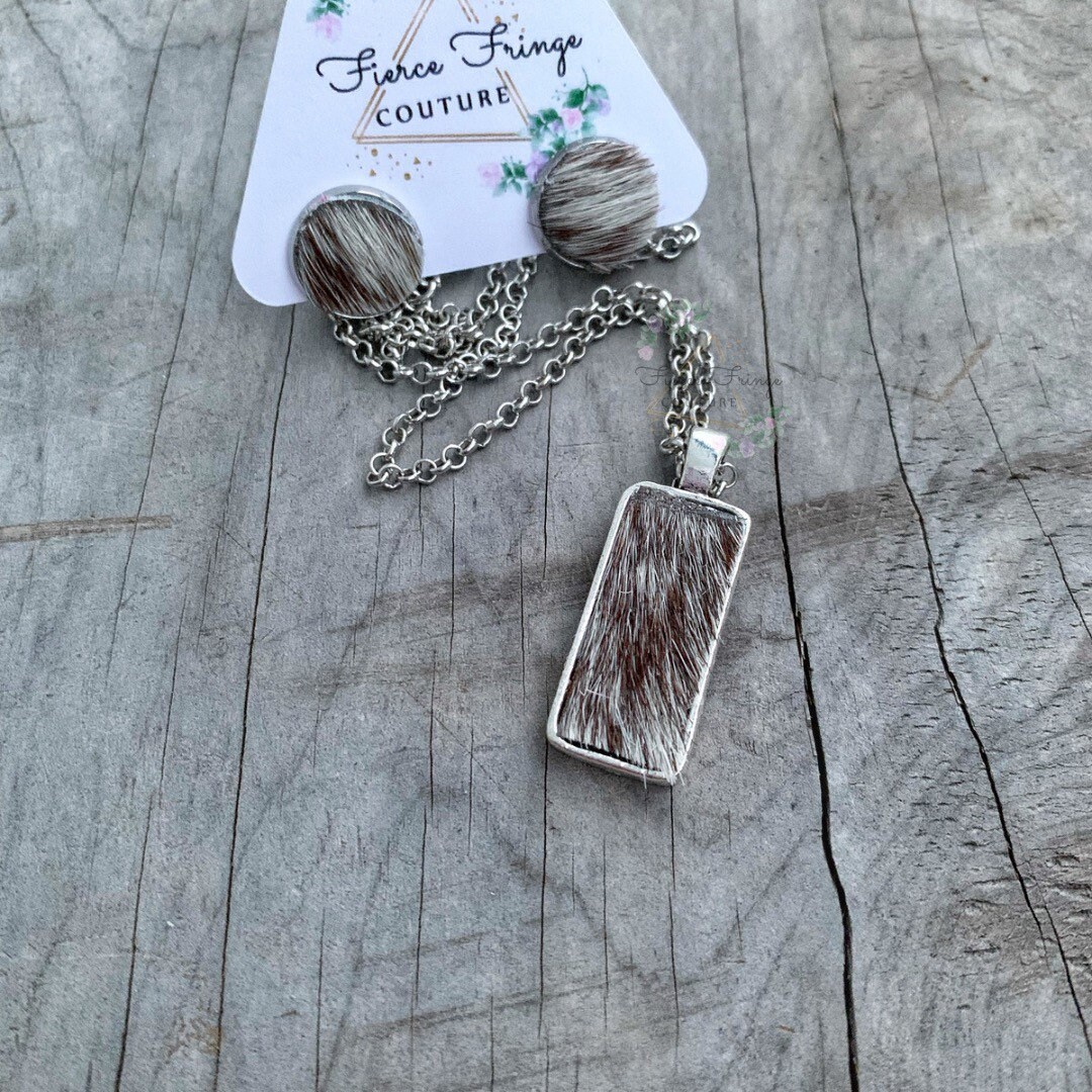 Handmade Cowhide Jewelry Set: Silver Pendant Necklace & Stud Earrings ...
