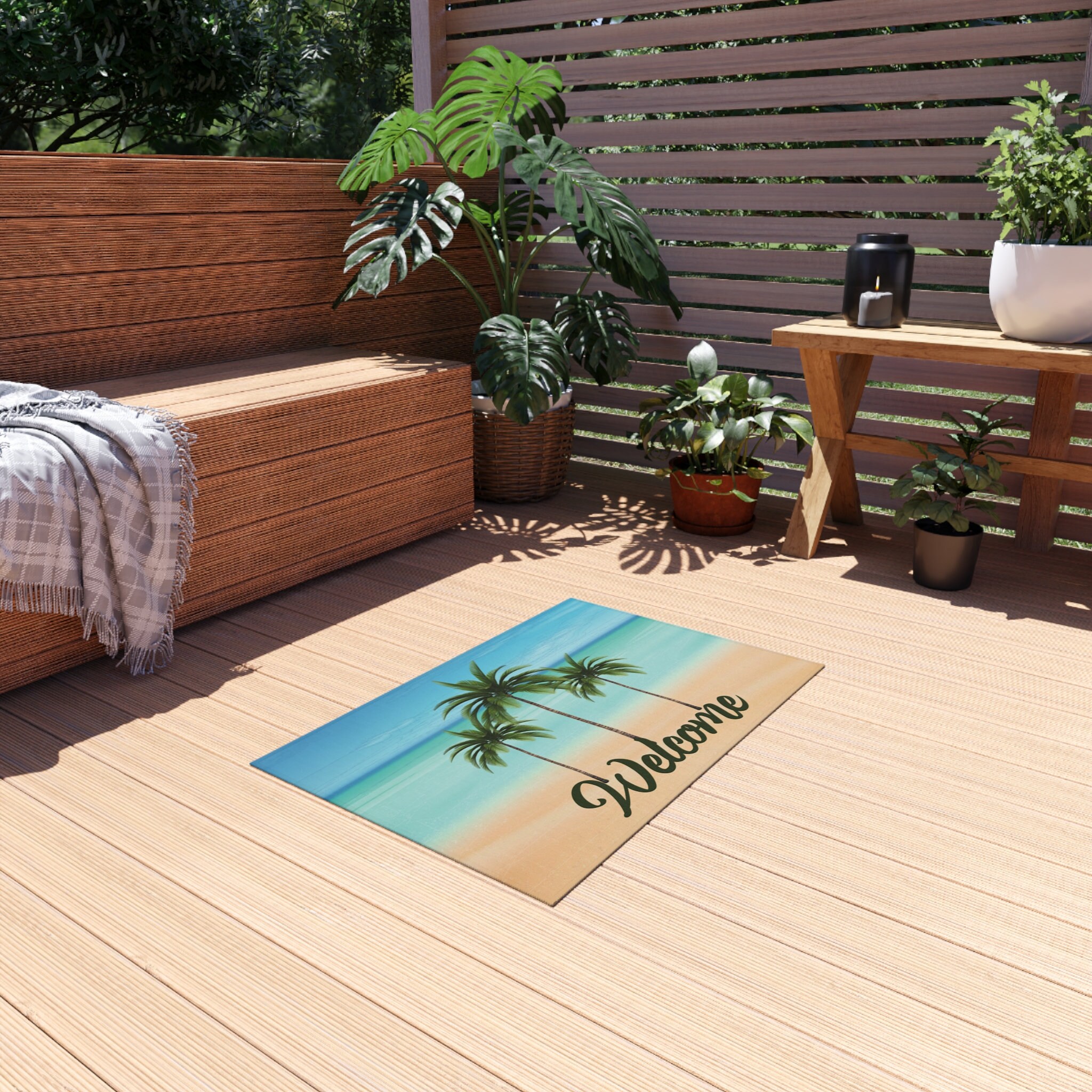 Welcome Palm Tree Beach Ocean Outdoor Rug Doormat - Etsy