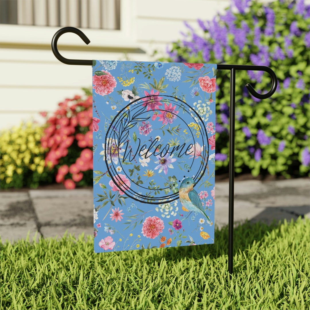 Welcome Flower Blue Bird Garden & House Banner Flag, Patio Flag - Etsy