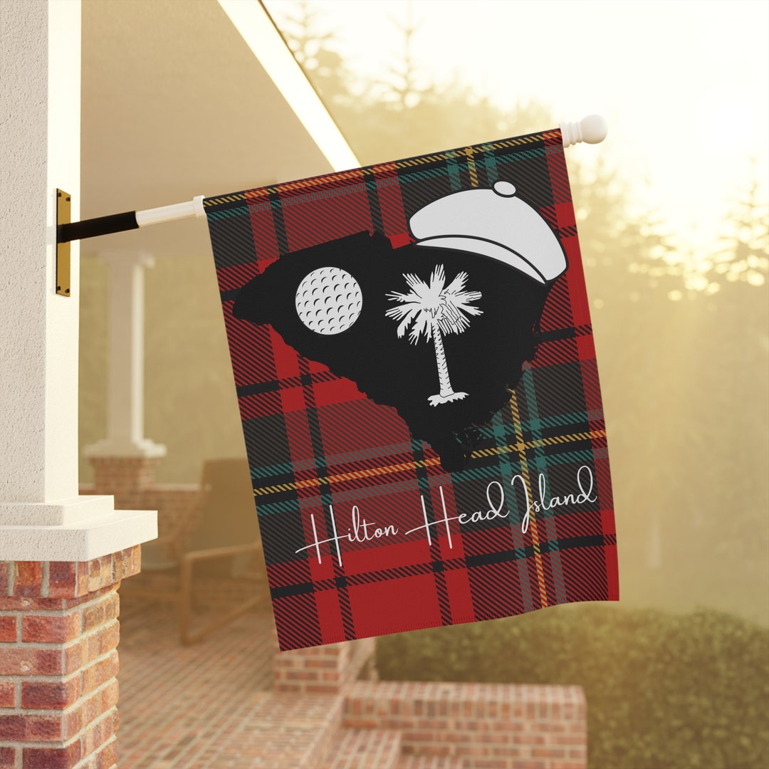 Hilton Head Island Red Plaid South Carolina State and Palm Tree Garden ...