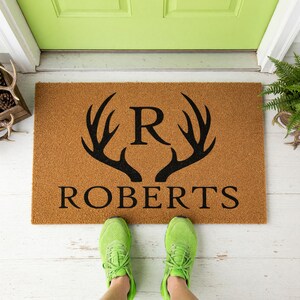 Initial R Monogram Antler Personalized Doormat, Custom Front Porch ...