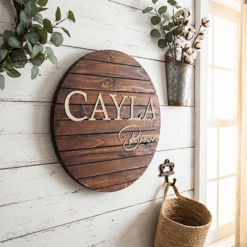 Personalized Round Wood Name Sign | Custom Family Wall Decor, Rustic ...