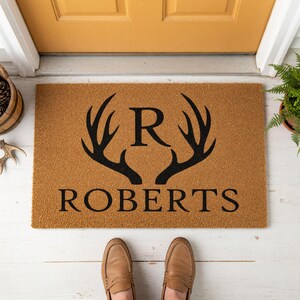 Initial R Monogram Antler Personalized Doormat, Custom Front Porch ...