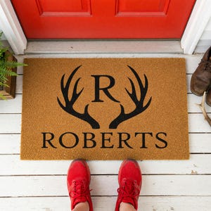 Initial R Monogram Antler Personalized Doormat, Custom Front Porch ...