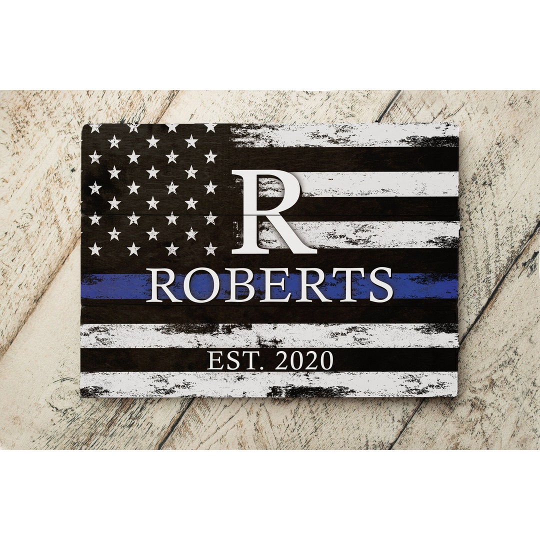 Thin Blue Line Family Name Monogram Rustic American Flag Printed Art ...