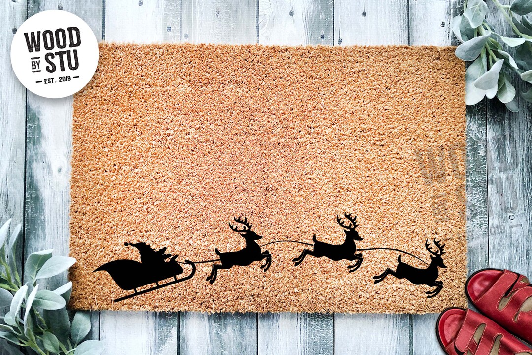 2054 Santa's Reindeer and Sleigh Door Mat Reindeer Santa Claus Sleigh ...