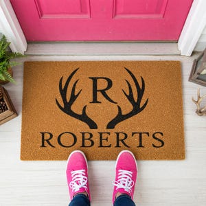 Initial R Monogram Antler Personalized Doormat, Custom Front Porch ...