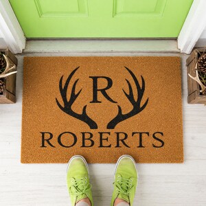 Initial R Monogram Antler Personalized Doormat, Custom Front Porch ...