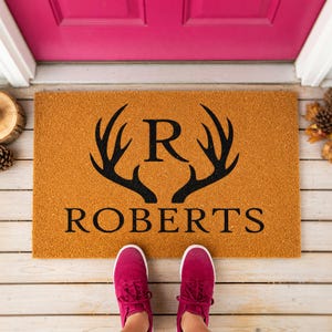 Initial R Monogram Antler Personalized Doormat, Custom Front Porch ...