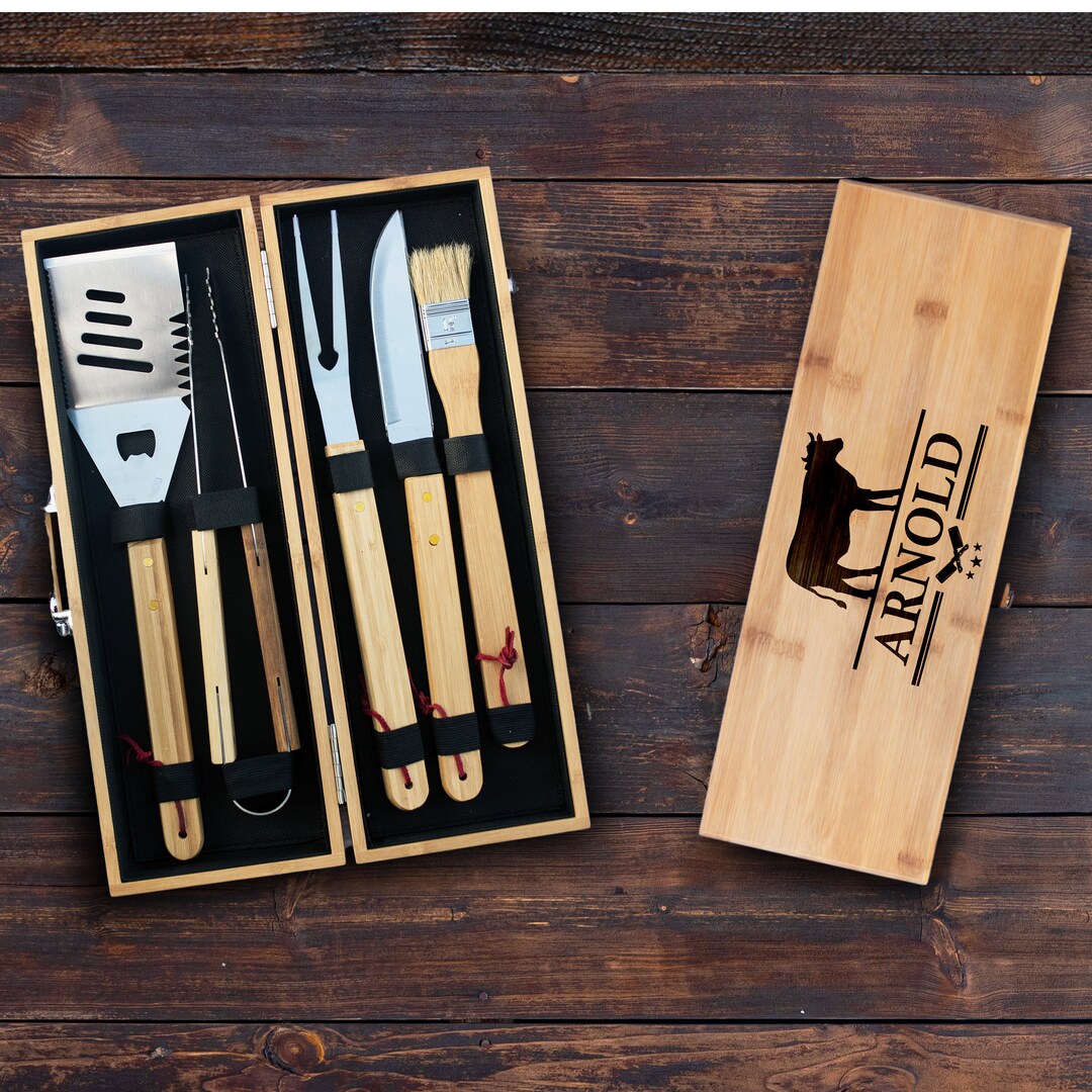 Personalized BBQ Grill Tool Set With Custom Name, Bamboo Wood Barbecue ...