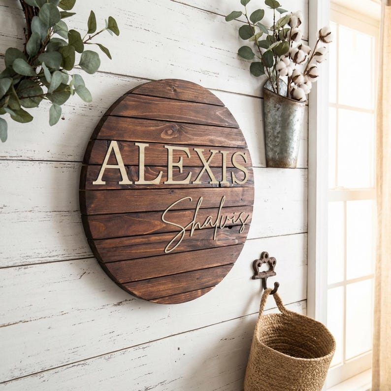 Personalized Round Wood Name Sign | Custom Family Wall Decor, Rustic ...