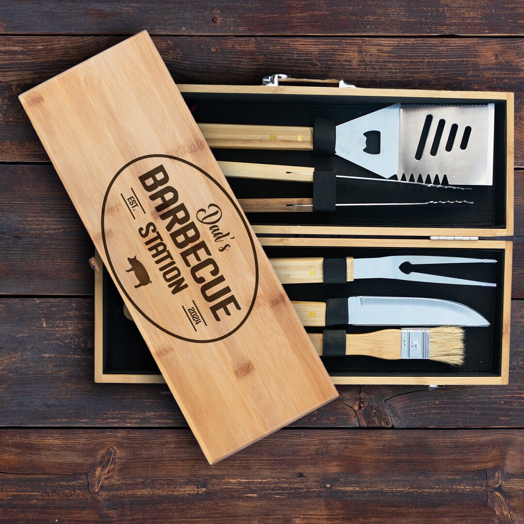 Personalized Dad Barbecue Tool Set, Custom Bamboo Grill Utensils With ...